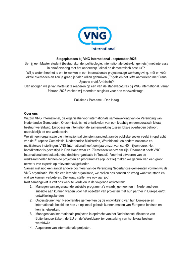 Stageplaatsen Bij VNG International | PDF