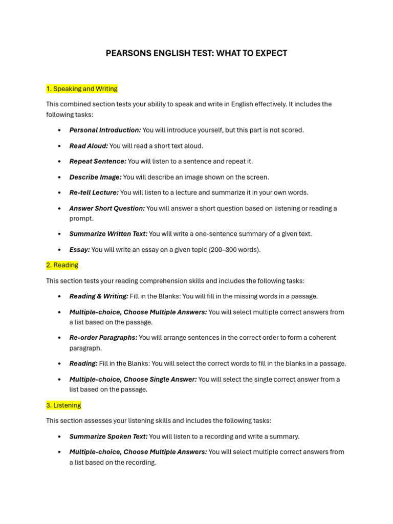 (Guidelines) Pearsons English Test | PDF | Multiple Choice | Reading ...