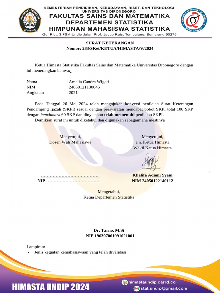 Surat Keterangan Validasi - Amelia Candra Wigati - 24050121130045 | PDF
