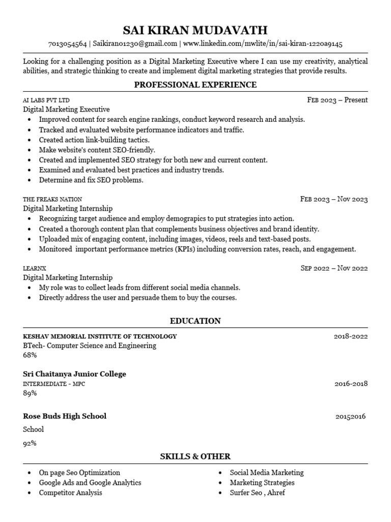 Resumes a i Kiran Mud Ava Th | PDF | Digital Marketing | Search Engine Optimization