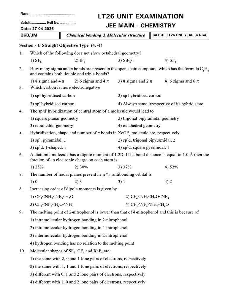 JEE MAIN (Chemical Bonding and Molecular Structure) 27-04-2025 (LT26 ONE YR (G1-4) ) | PDF