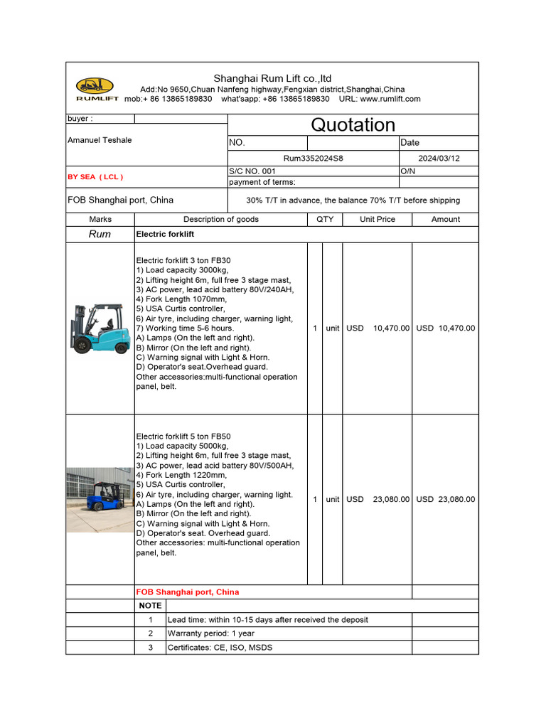 Quotation of Electric Froklift From Rumlift | PDF | Forklift