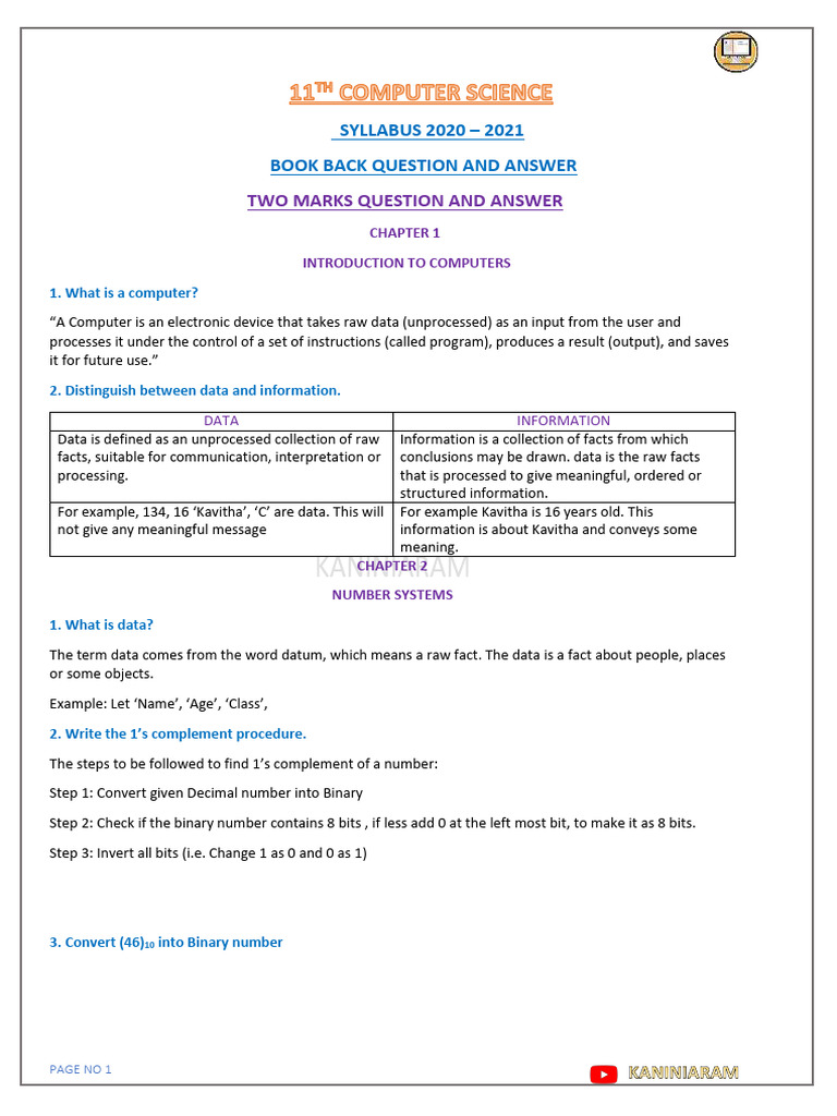 11th Cs Two Mark Book Back Question & Answer | PDF | Operating System | Computer File