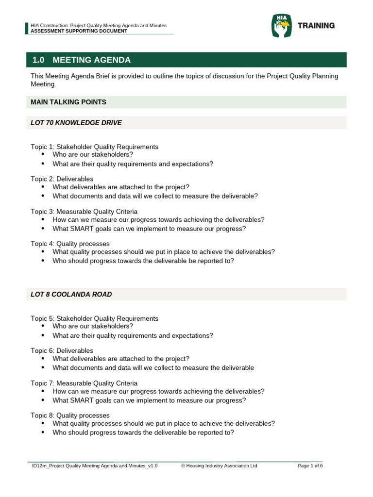 (ID12m) Project Quality Meeting Agenda and Minutes V1.0 | PDF ...