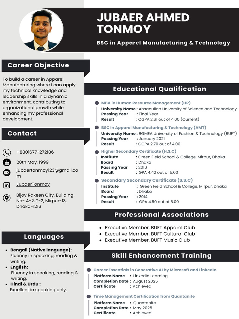 Resume of Jubayer Tonmoy | PDF | Data Analysis | Business