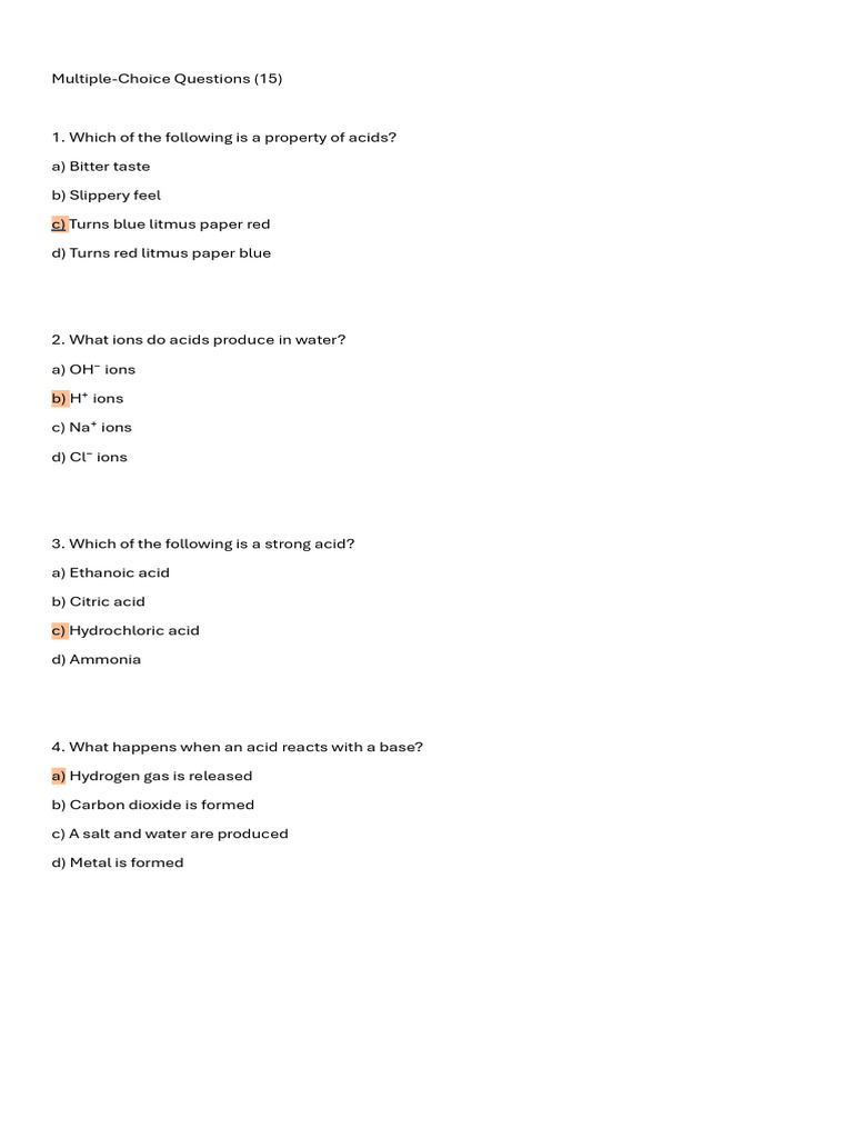 Acid-Base Chemistry Quiz and Answers | PDF | Acid | Hydroxide