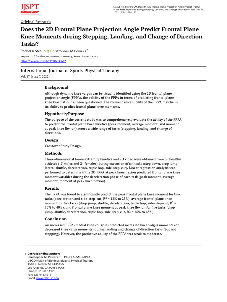Does The 2D Frontal Plane Projection Angle Predict | PDF | Knee ...