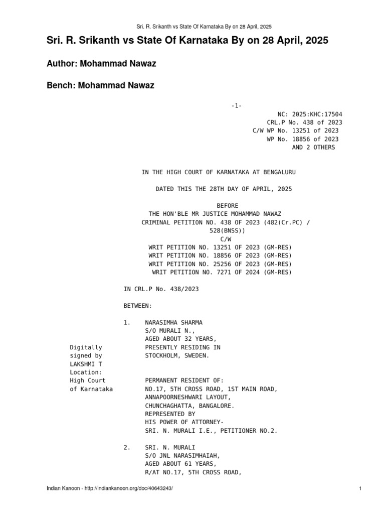 Sri R Srikanth Vs State of Karnataka by On 28 April 2025 | PDF ...