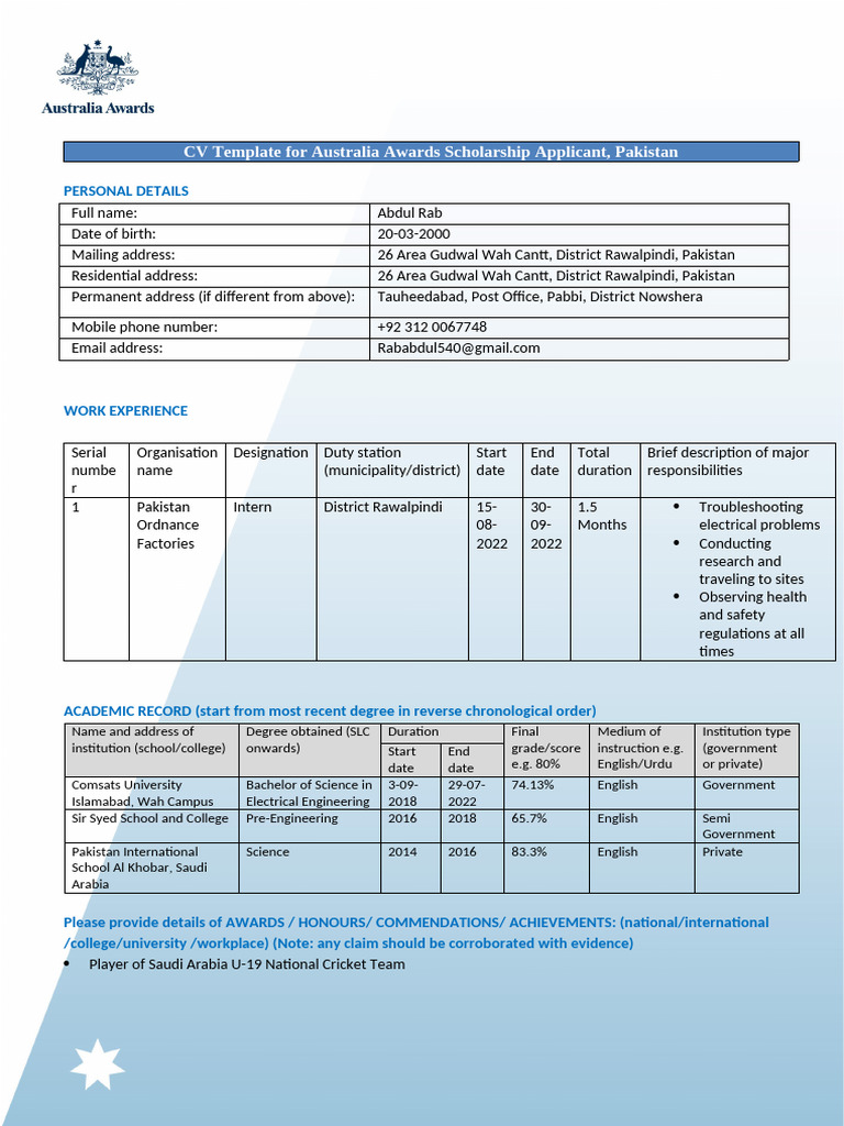 Australia Awards CV Template 2023 | PDF