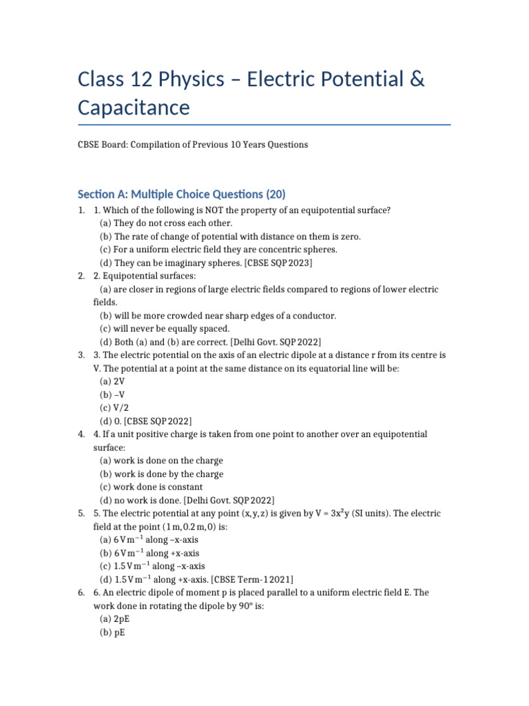 Class 12 Physics: Electric Potential MCQs | PDF | Capacitor | Capacitance