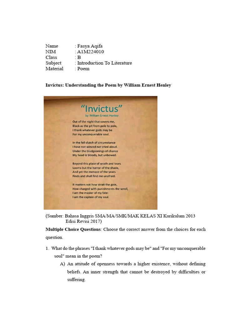 Analyzing "Invictus" by Henley | PDF | Psychology | Psychological Concepts