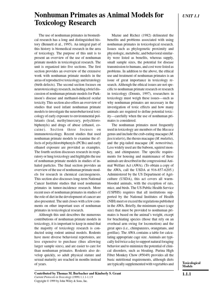Nonhuman Primates As Animal Models For Toxicology Research: UNIT 1.1 ...