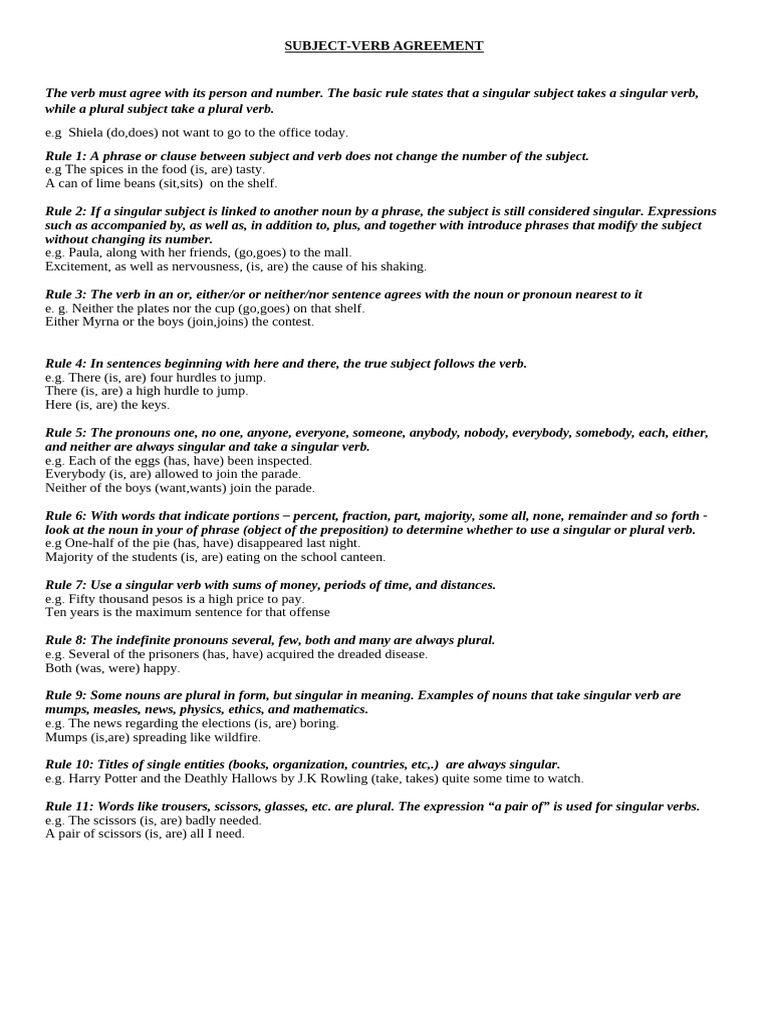 Subject Verb Agreement Review | PDF | Grammatical Number | Verb