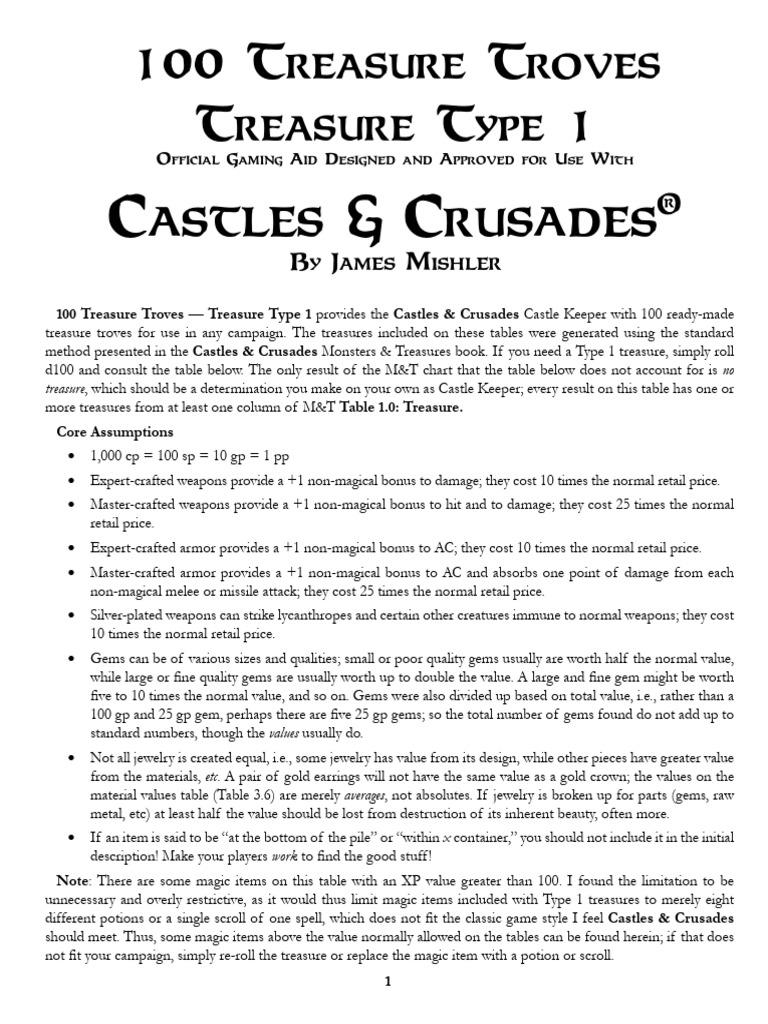 Castles & Crusades 100 Treasure Troves Â Treasure Type 1 | PDF ...