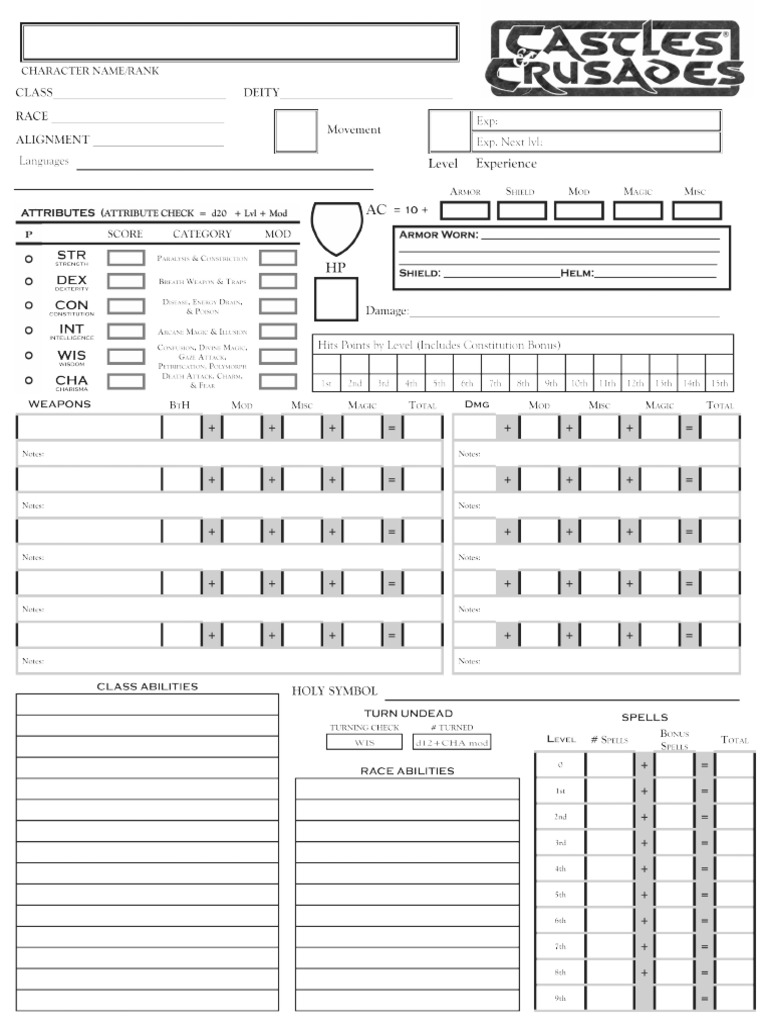 Castles & Crusades Universal Character Sheet | PDF