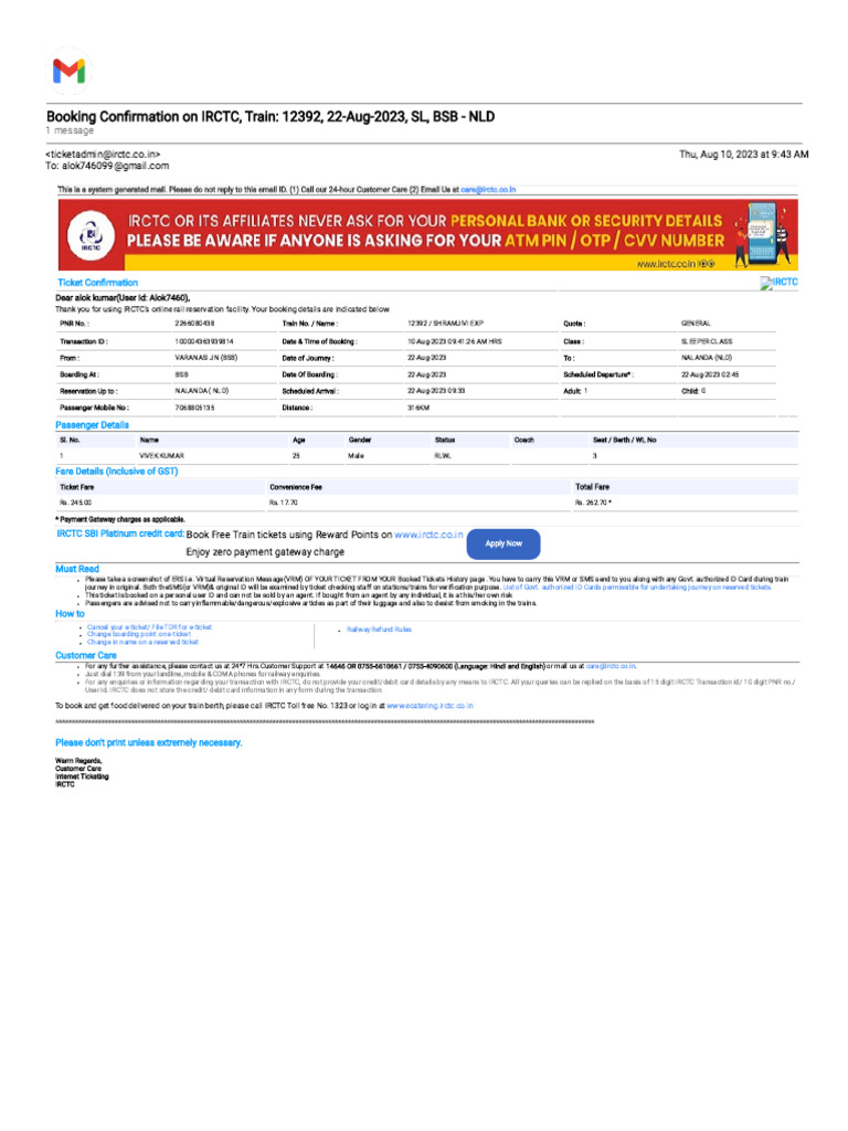 Gmail - Booking Confirmation On IRCTC, Train - 12392, 22-Aug-2023, SL ...