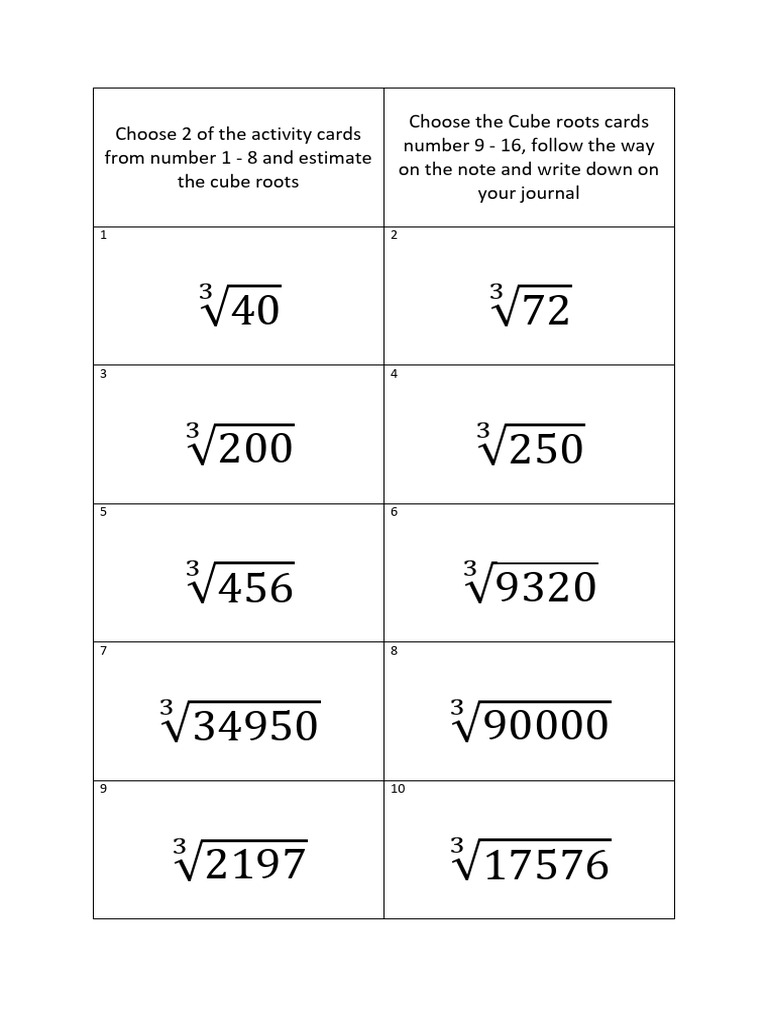 Cube Root Activity Cards | PDF