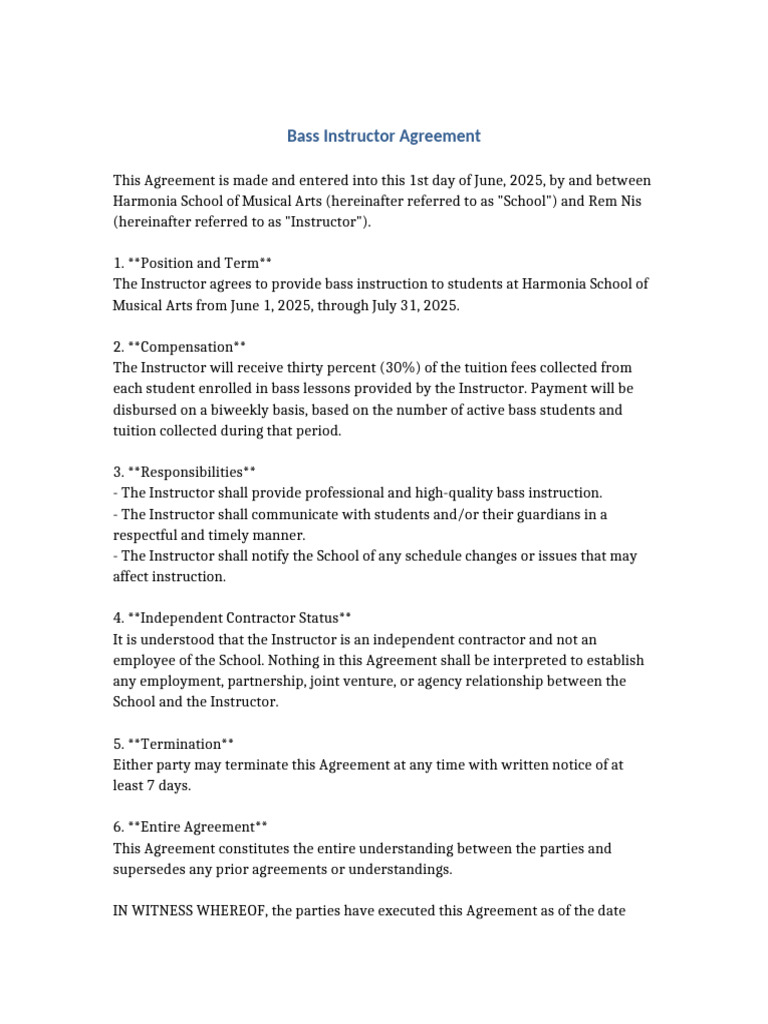 Bass Instructor Contract Rem Nis | PDF