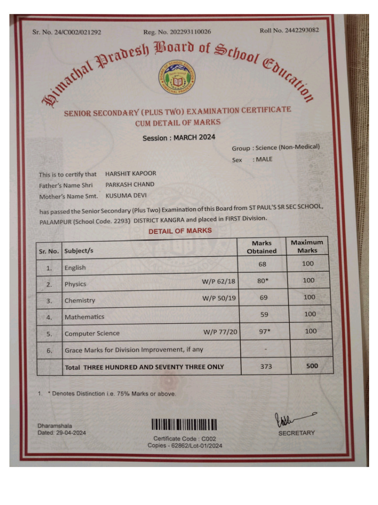 12th Marksheet | PDF