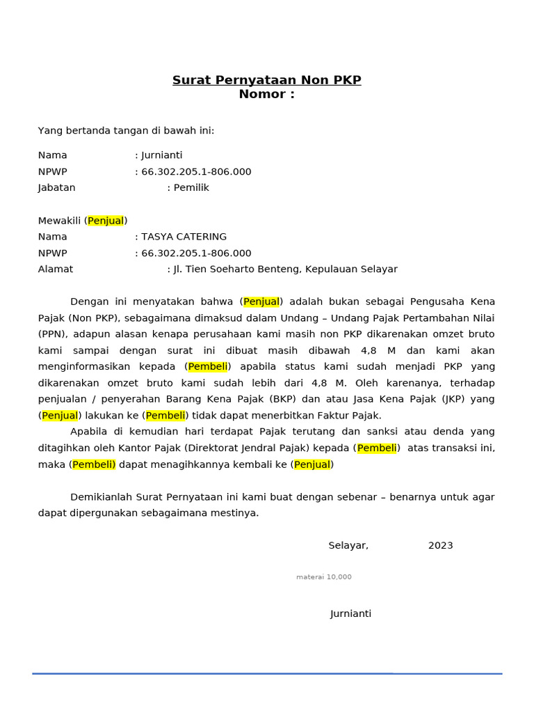 Surat Pernyataan Non PKP 2023 | PDF