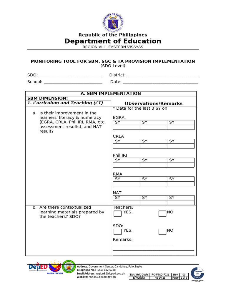 SBM Monitoring Tool for Schools | PDF | Learning