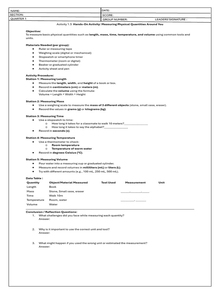 Activity 1.5 Measurement 1 | PDF | Volume | Measurement