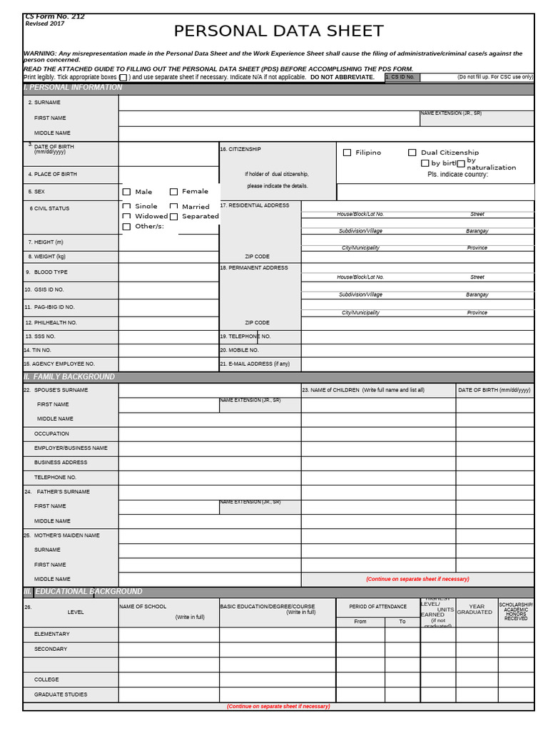 Personal Data Sheet CS Form No. 212 Revised 2017 | PDF | Passport ...