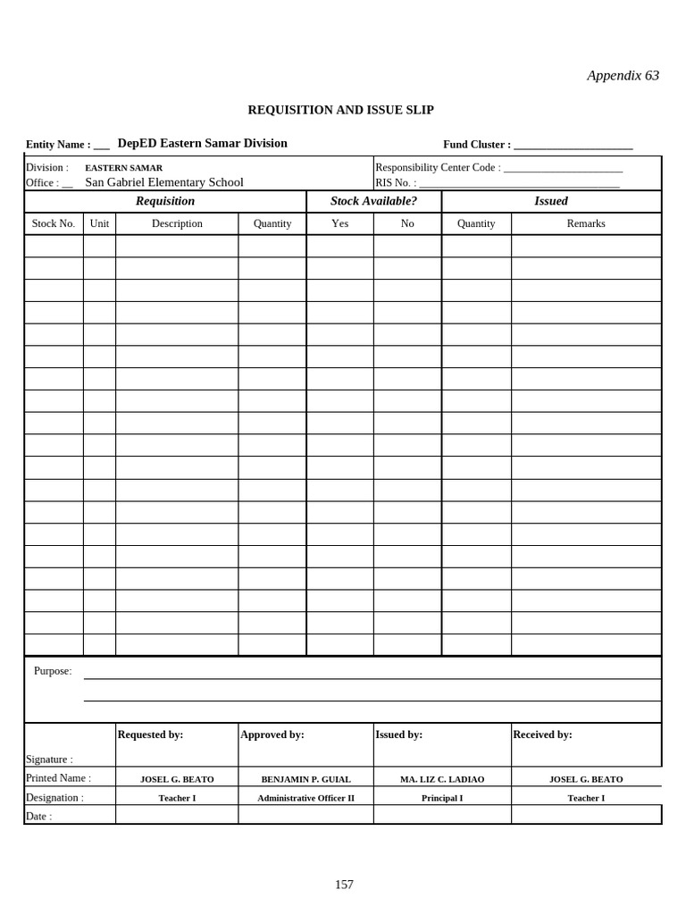 Requisition and Issue Slip Deped Eastern Samar Division: San Gabriel ...