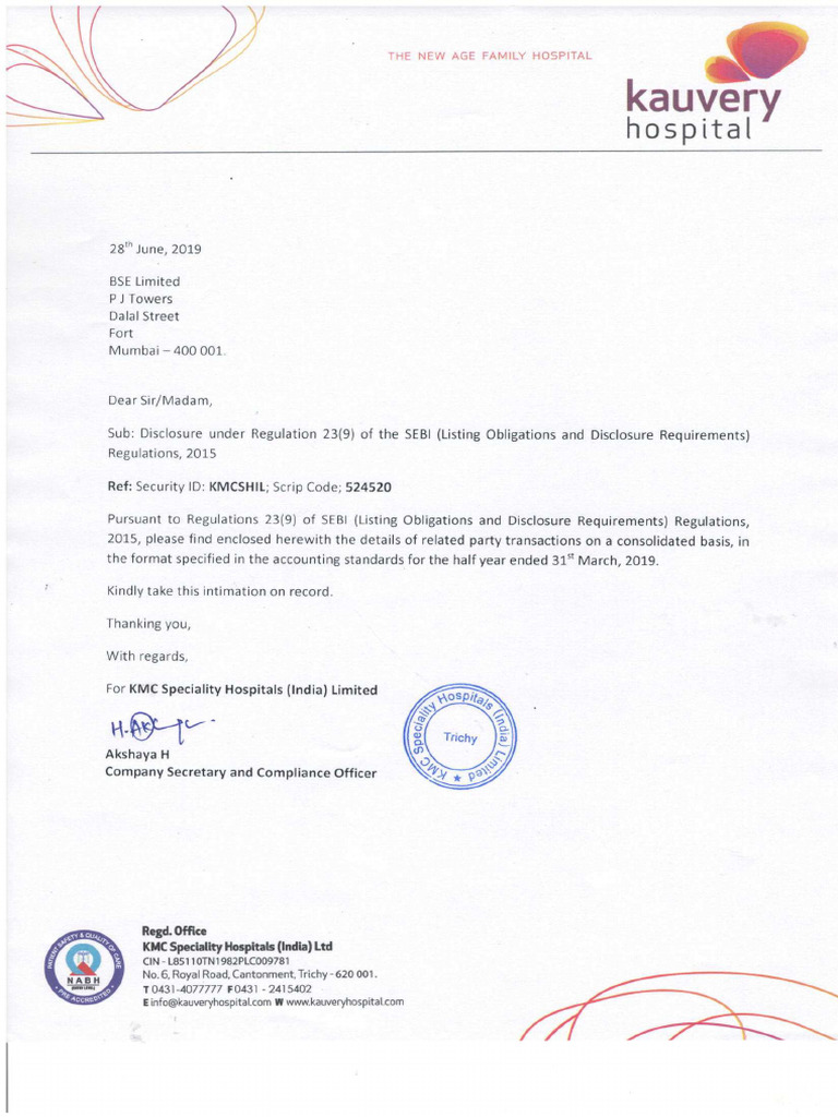 Letter To BSE Related Party Disclosure Under Regulation 23 | PDF ...