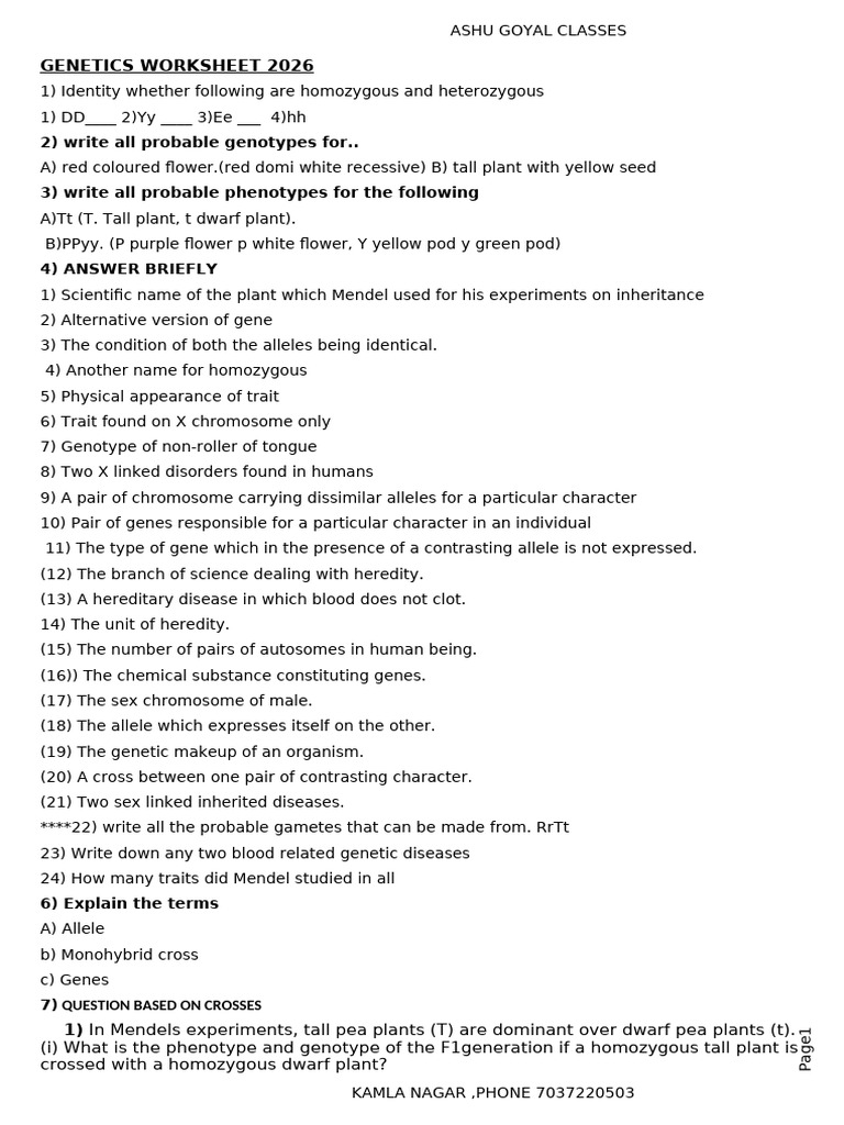 Genetics Worksheet: Alleles and Crosses | PDF | Dominance (Genetics ...