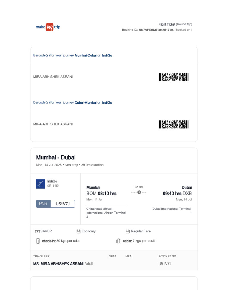 Mumbai to Dubai Flight Booking Details | PDF | Travel Visa