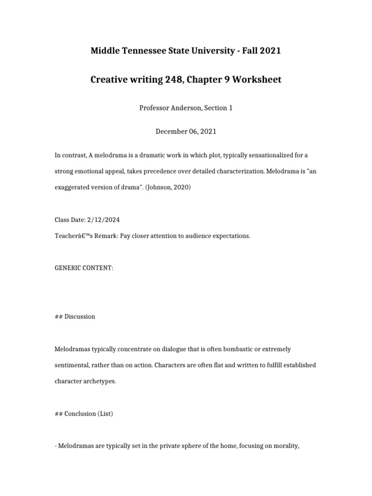Creative Writing 248 Chapter 9 Worksheet | PDF | Entertainment ...