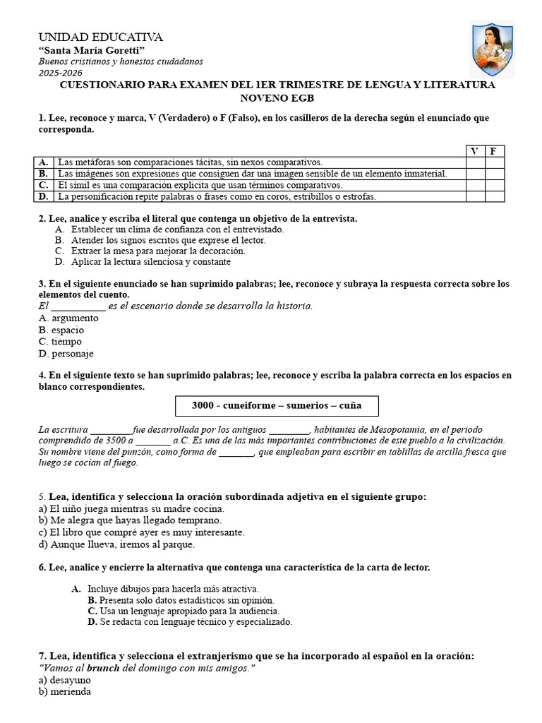 EVALUACIONES TRIMESTRALES 9no LYL | PDF