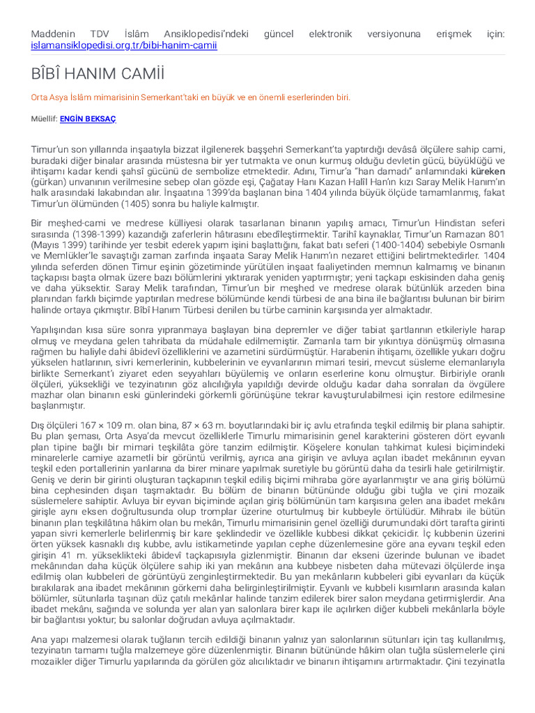 BÎBÎ HANIM CAMİİ - TDV İslâm Ansiklopedisi | PDF