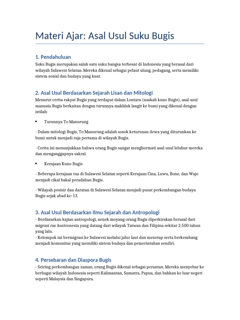 Materi Ajar Asal Usul Suku Bugis | PDF