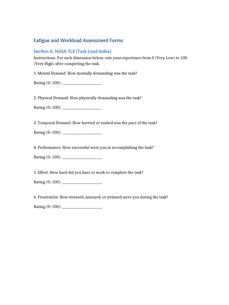 Fatigue Workload Assessment Forms | PDF