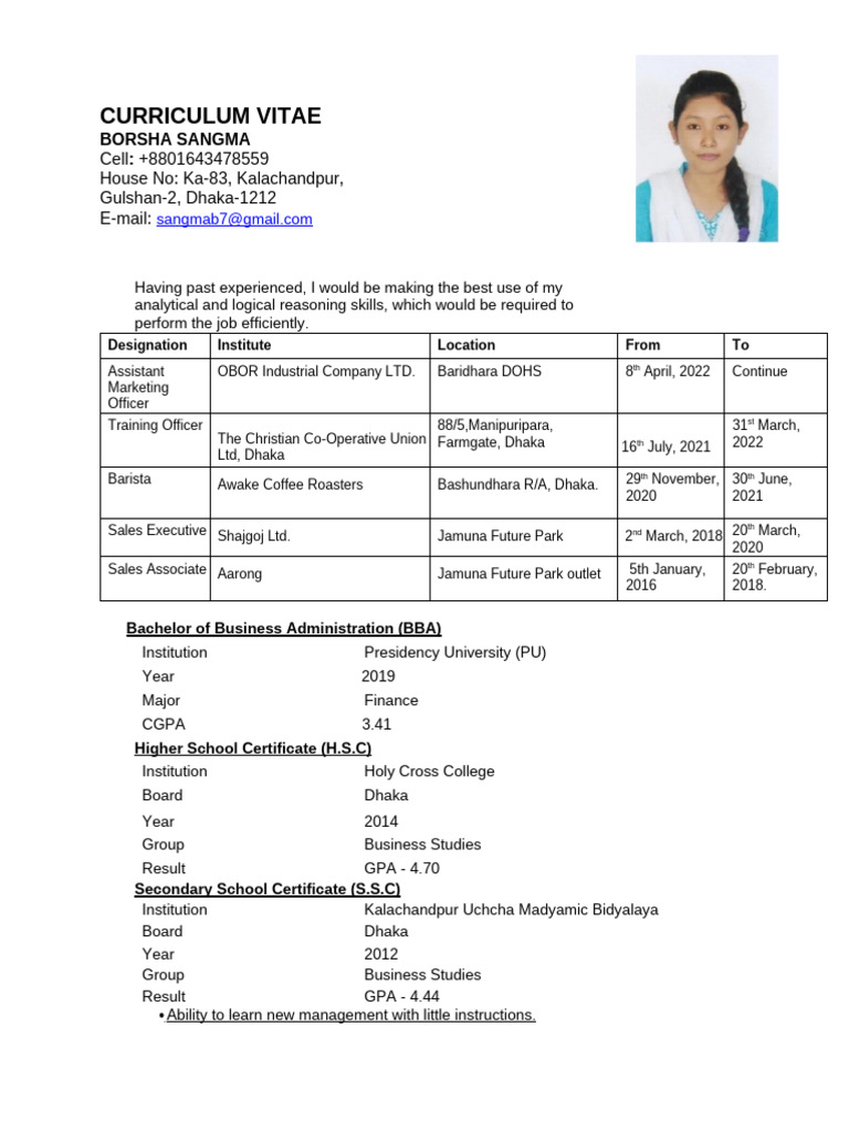 CURRICULUM VITAE of BORSHA SANGMA | PDF
