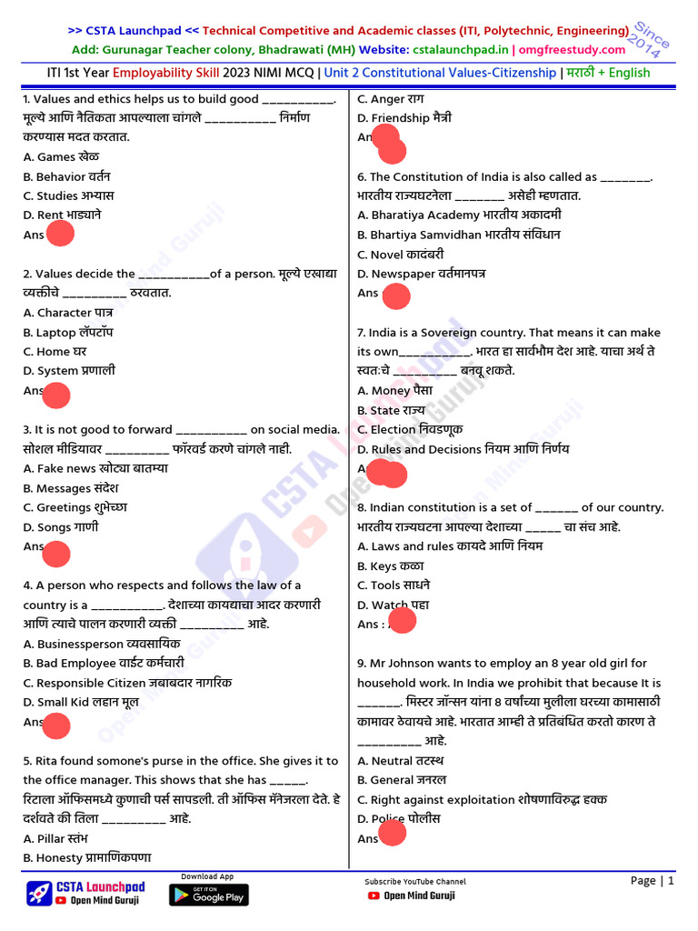 2 Constitutional Values-Citizenship ITI 1st Year ES 2023 MCQ Marathi | PDF
