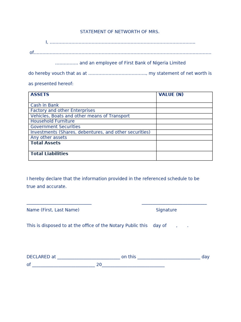 Statement of Networth Financial Capability | PDF