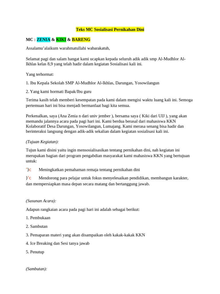 Teks MC Sosialisasi Pernikahan Dini salinan 2 | PDF