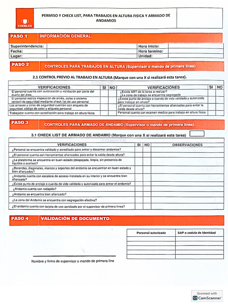Permiso Y Check List, Para Trabajos en Altura Fisica Y Armado de ...