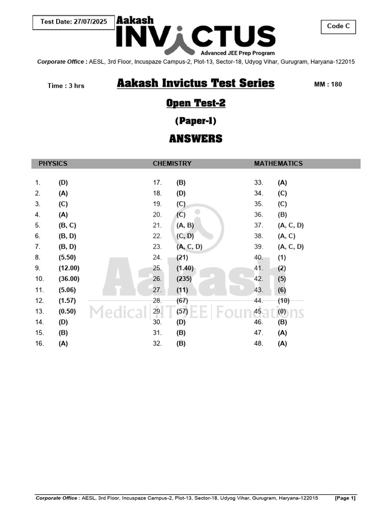 Aakash Invictus Open Test 2 Answers | PDF | Electromagnetism | Physical ...