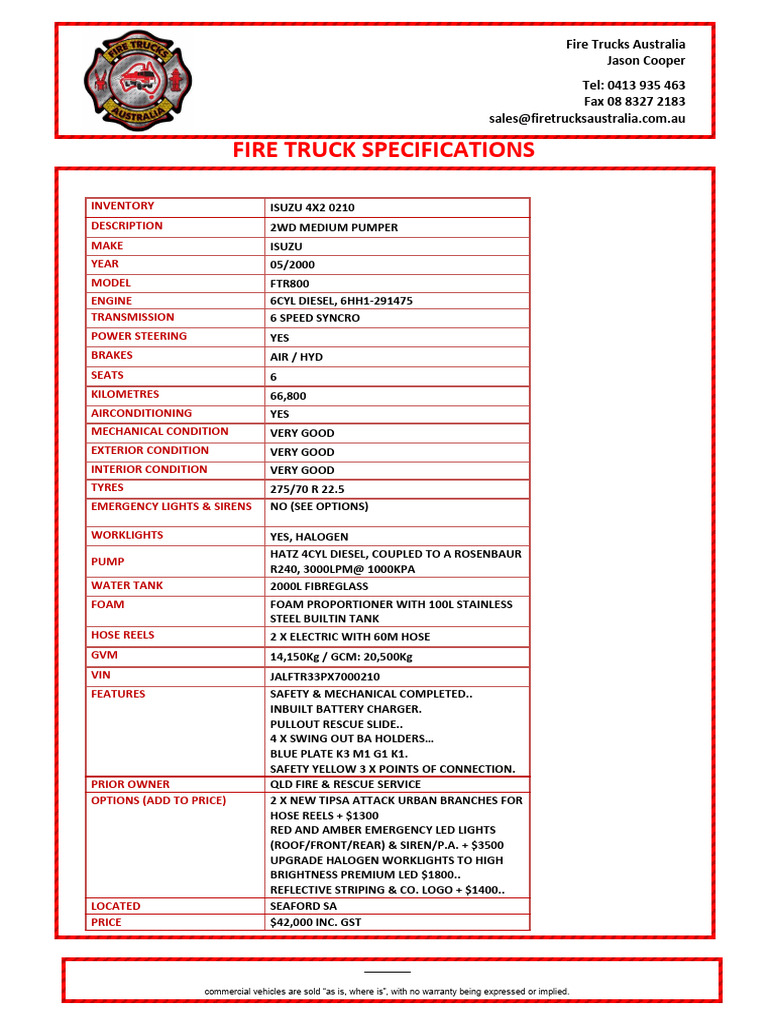 Isuzu FTR800 Fire Truck Specifications | PDF | Fire Engine | Truck
