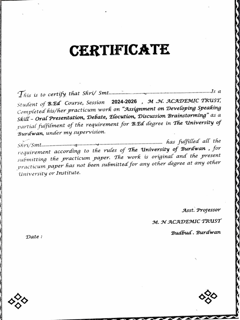 B.Ed Practicum Certificate: Oral Skills | PDF