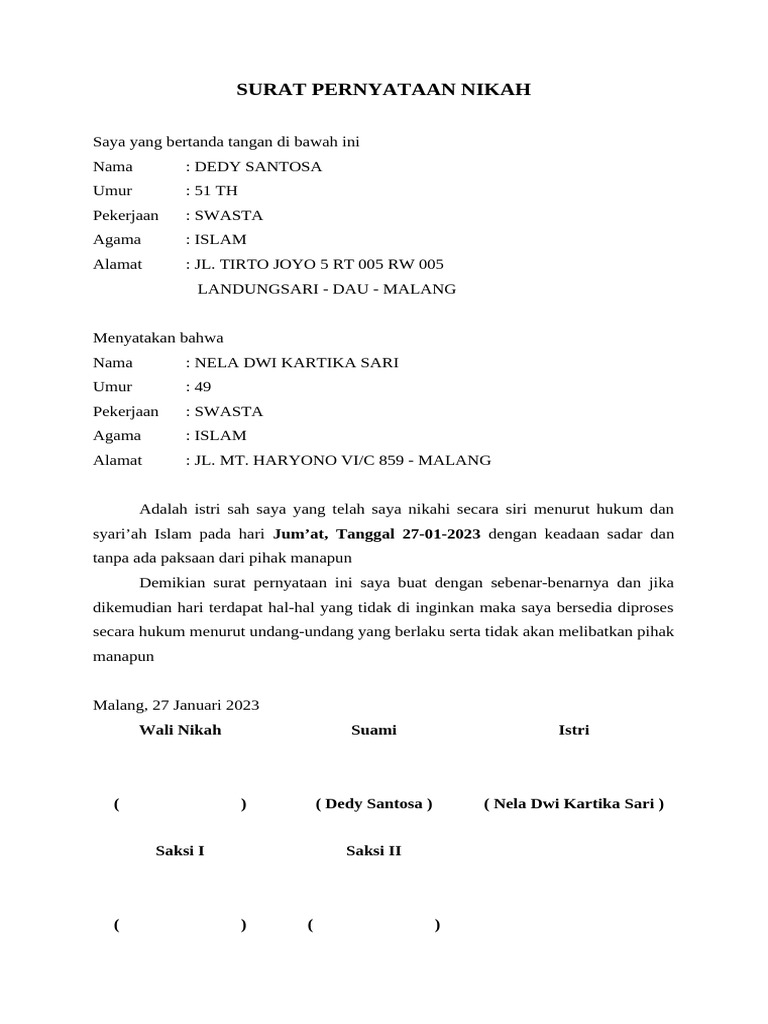 Surat Pernyataan Nikah | PDF
