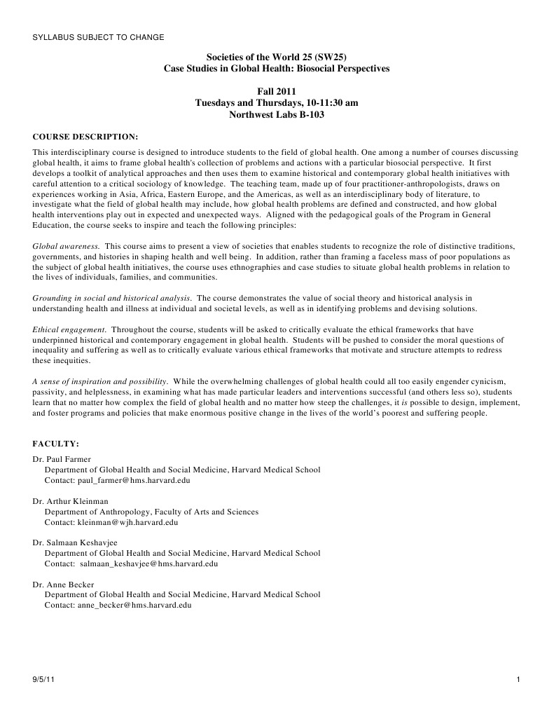 SW25 Syllabus 091911 Version | PDF | Thesis | Tuberculosis