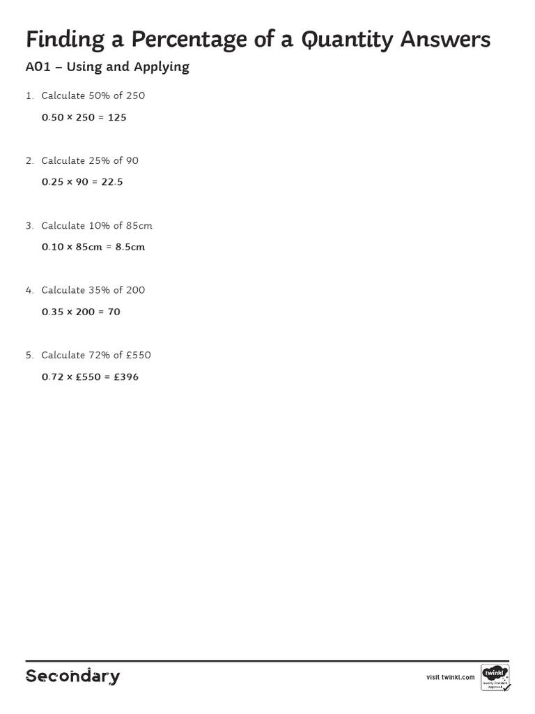 (506507) Finding A Percentage of A Quantity Answers | PDF