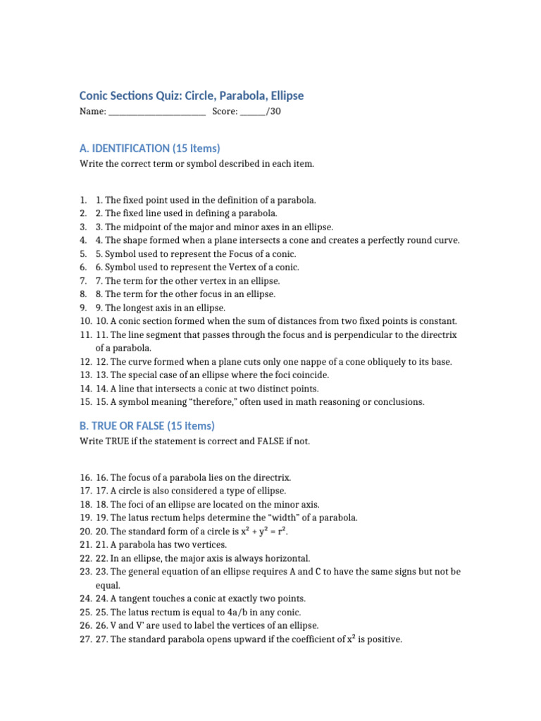Conic Sections Quiz With Answer Key | PDF | Ellipse | Euclid