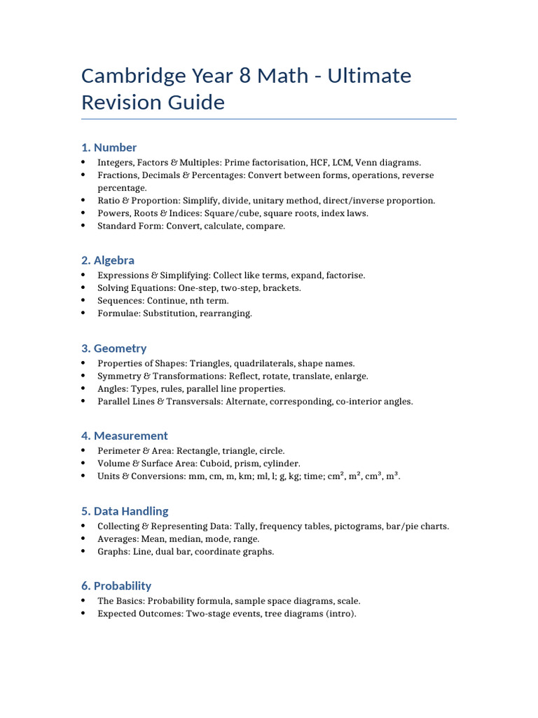 Cambridge Year 8 Math Revision A4 | PDF
