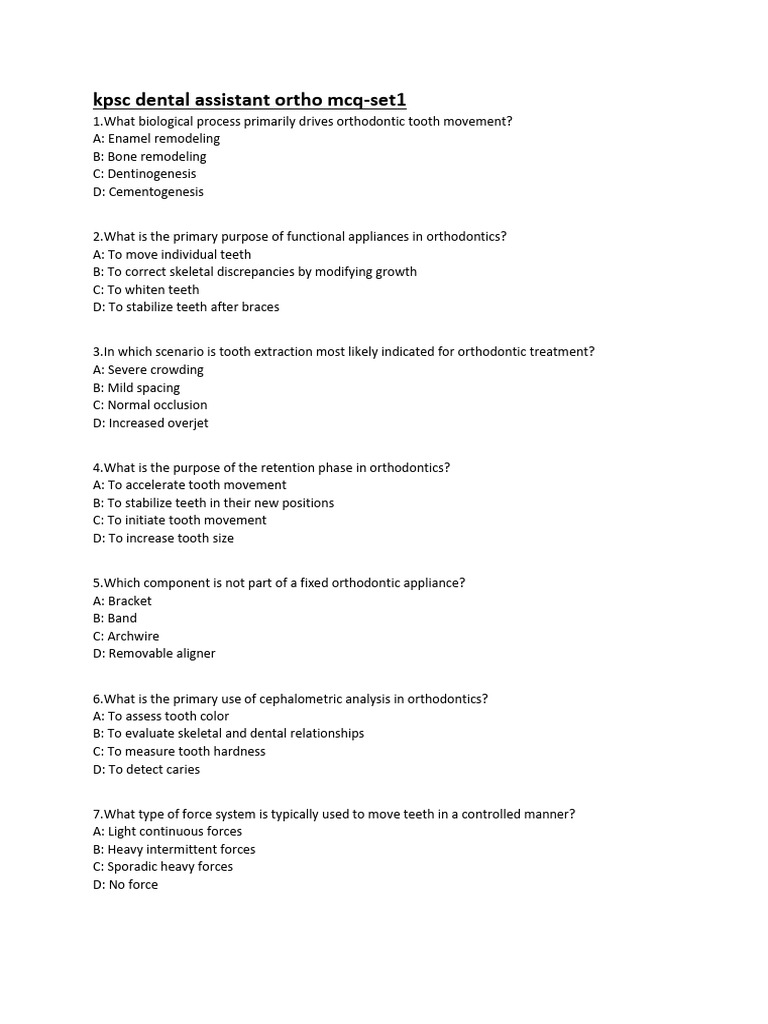 Kpsc Dental Assistant Ortho Mcq 1 | PDF | Orthodontics | Medical Specialties